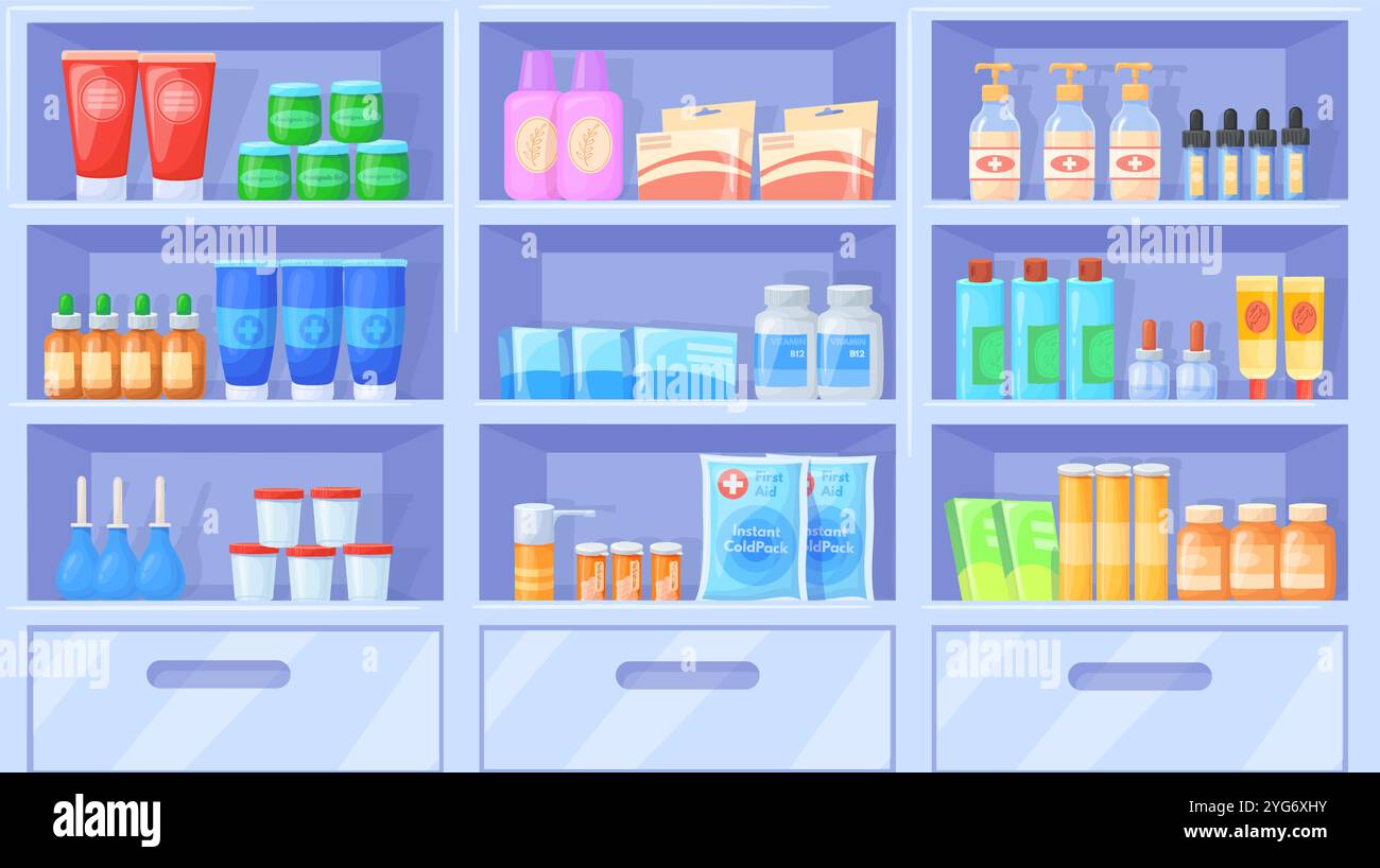 Cartoon medications shelves. Pharmacy shelfs rack, hospital stock ...