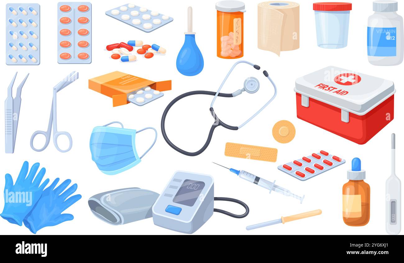 Cartoon medical supplies. Medicine hospital things, first aid equipment ...