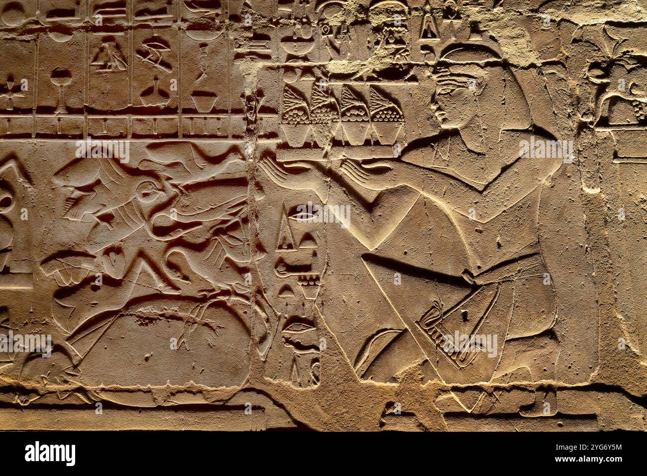 Close up of ancient egyptian wall relief carving with hieroglyphs ...