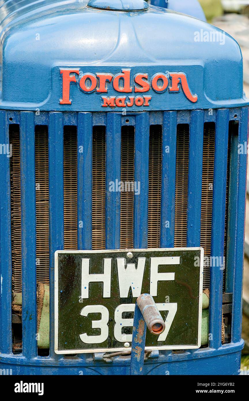 A 1950 blue Fordson Major tractor radiator grill at a country fair in ...