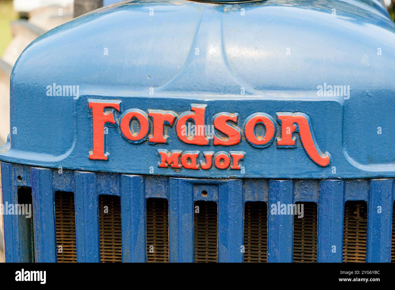 A 1950 blue Fordson Major tractor radiator grill at a country fair in ...