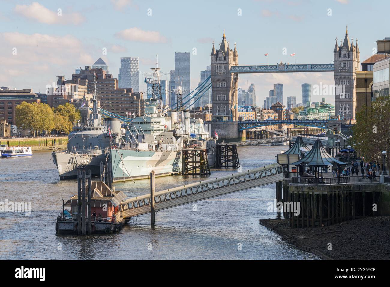 HMS Belfast and Tower Bridge from the Southside of London Bridge Stock ...