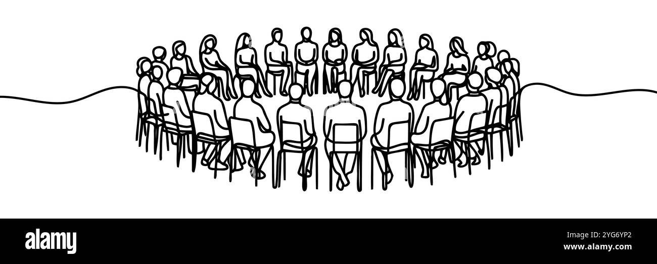group of people sitting in a circle for a discussion or meeting drawn ...