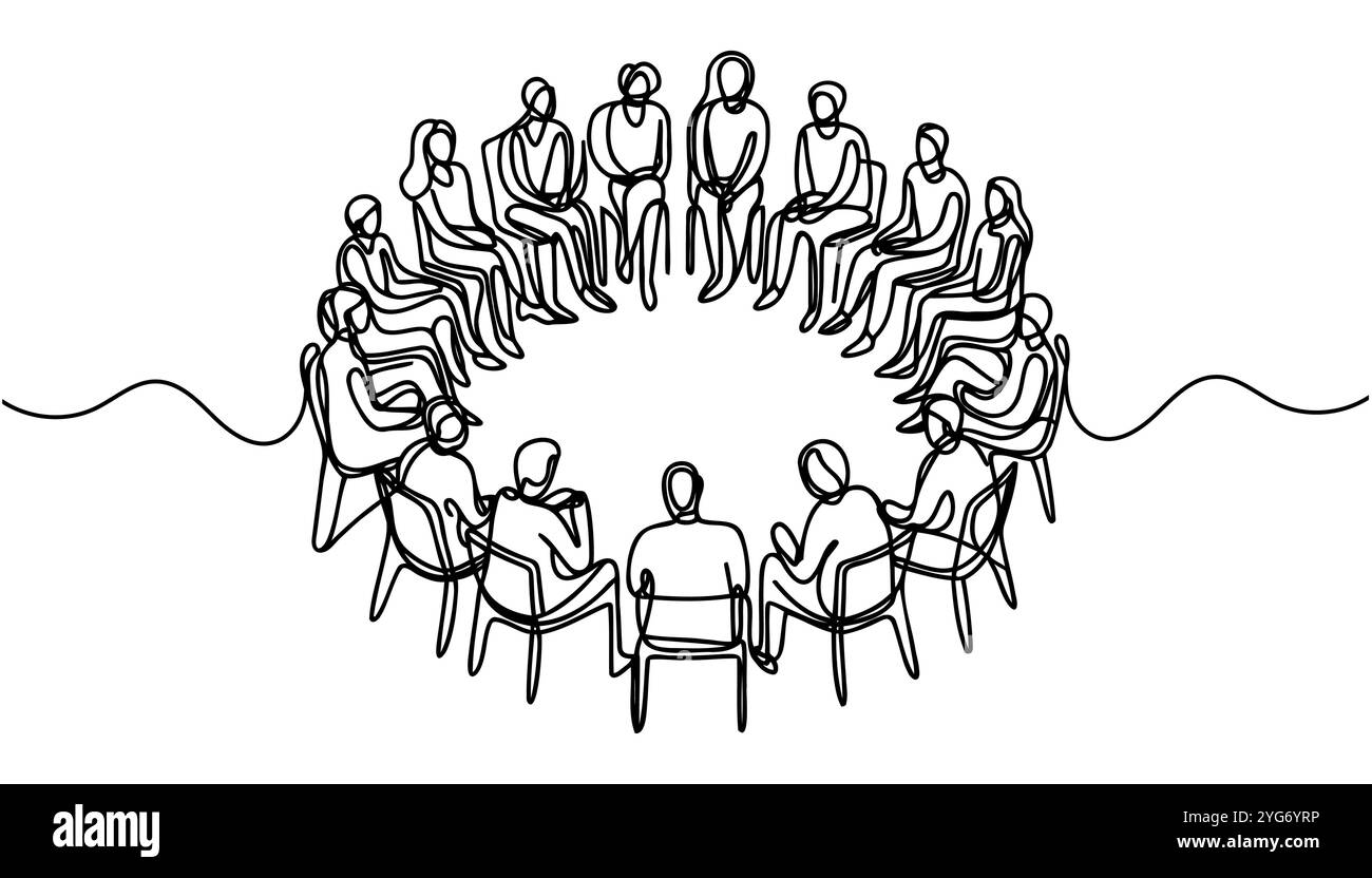group of people sitting in a circle for a discussion or meeting drawn ...