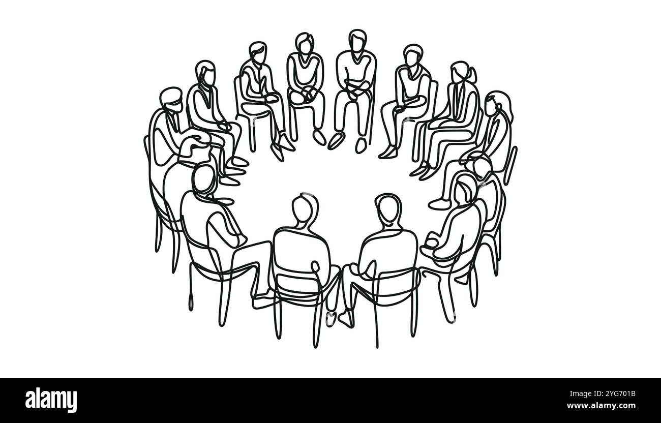 group of people sitting in a circle for a discussion or meeting drawn ...