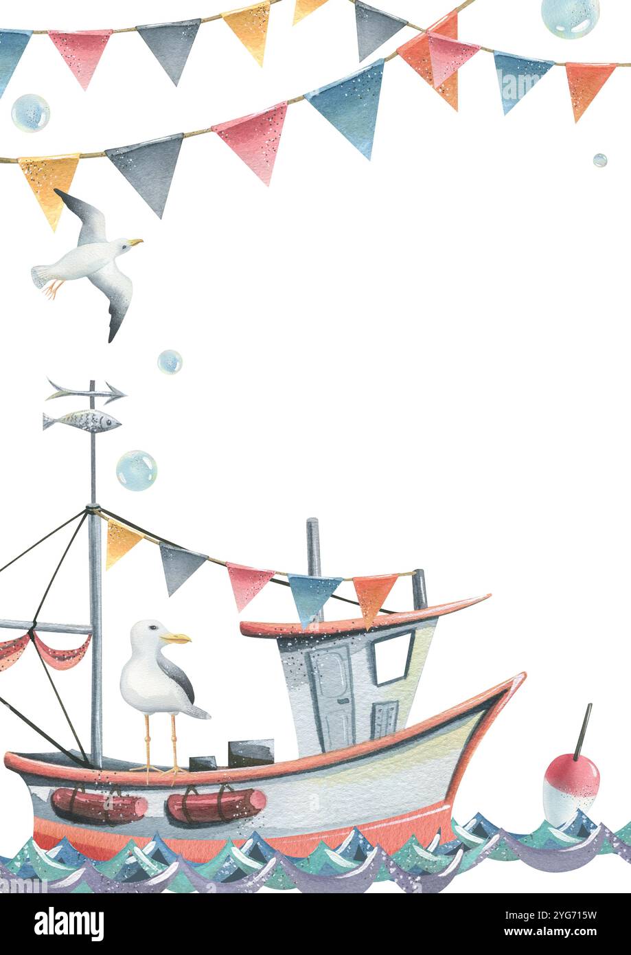 Fishing boat with sails and mast, flying seagull, float on water, with ...