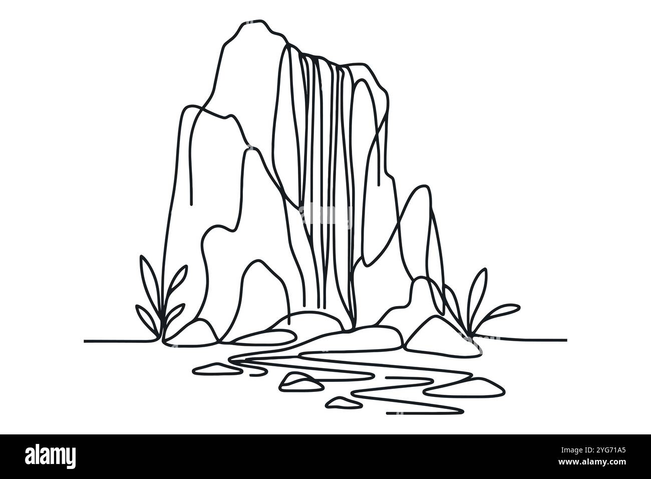 Continuous one line drawing of waterfall and lake. Vector illustration ...