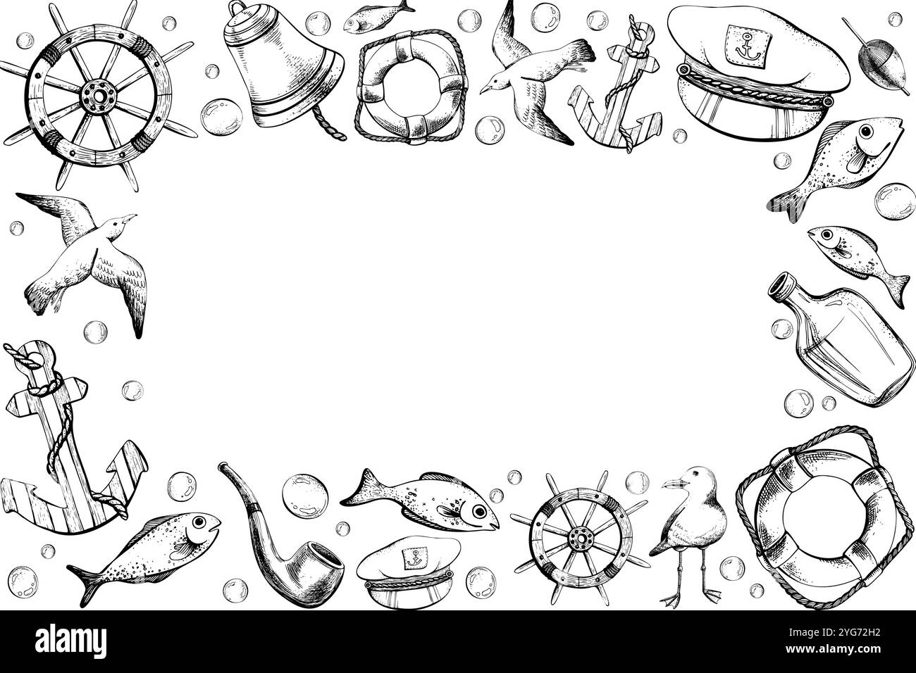 Steering wheel, lifebuoy, sea gulls, captain s cap, fish, water bubbles ...