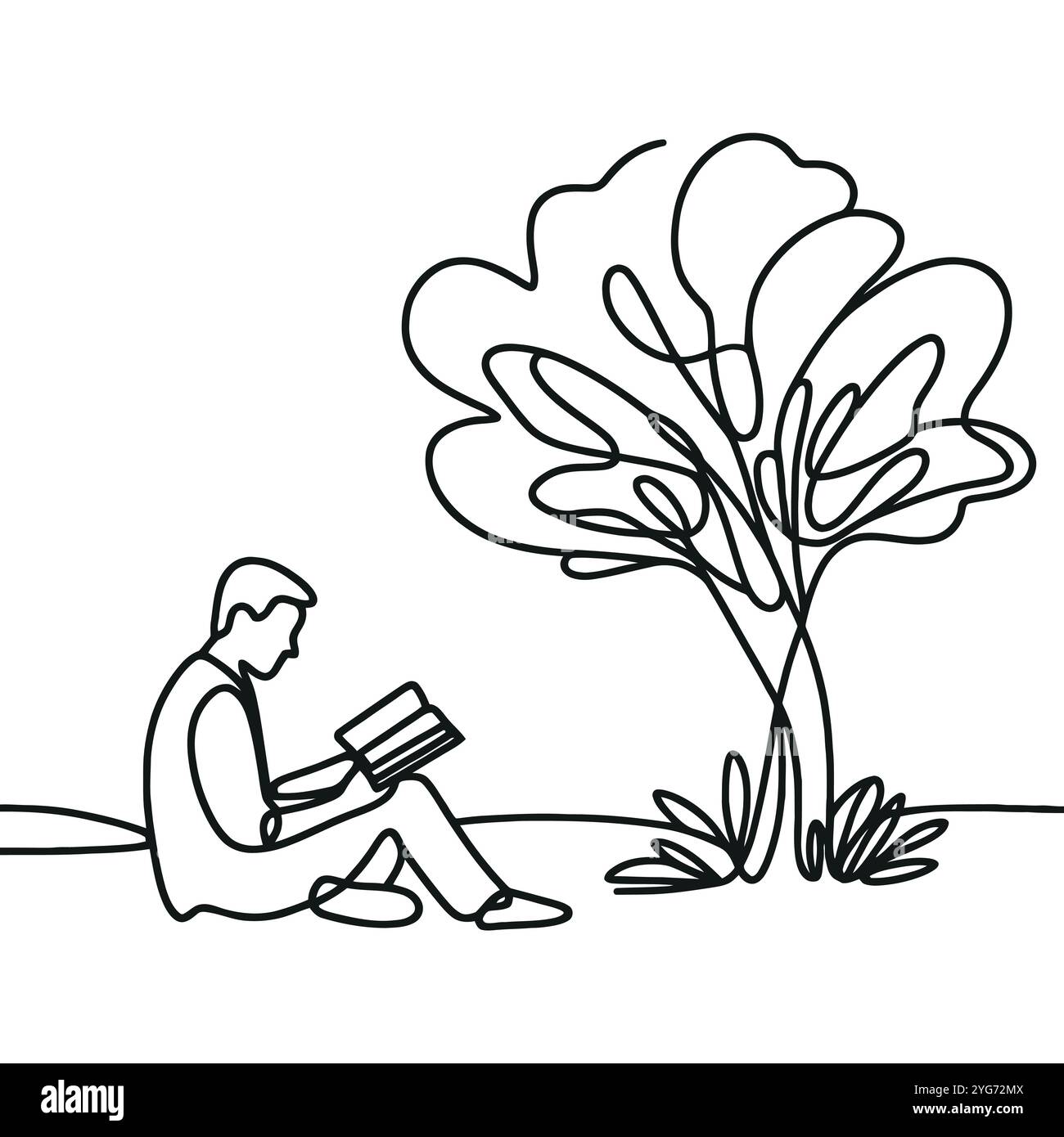 Continuous one line drawing of man sitting and reading book under tree ...