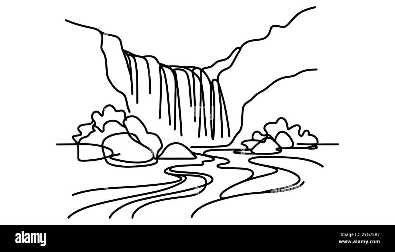 Continuous one line drawing of waterfall and lake. Vector illustration ...