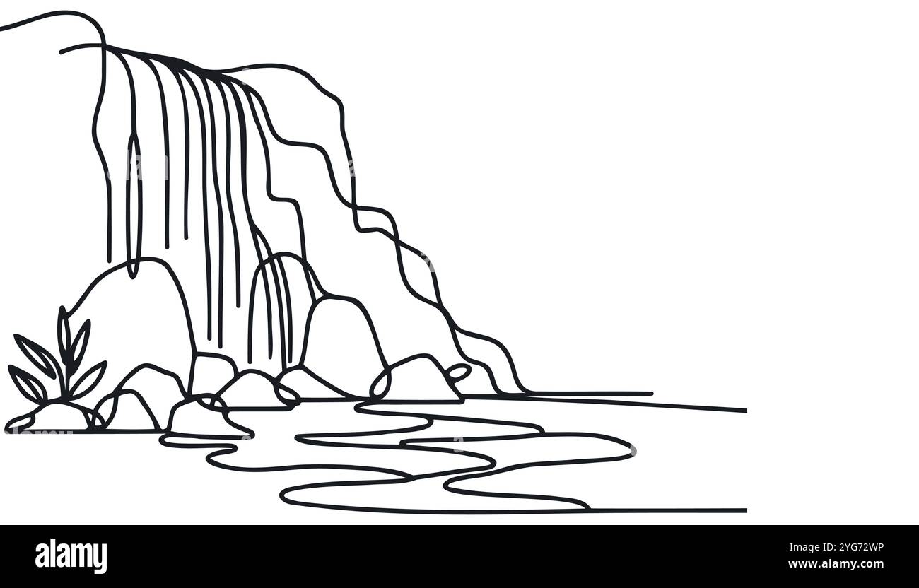 Continuous one line drawing of waterfall and lake. Vector illustration ...