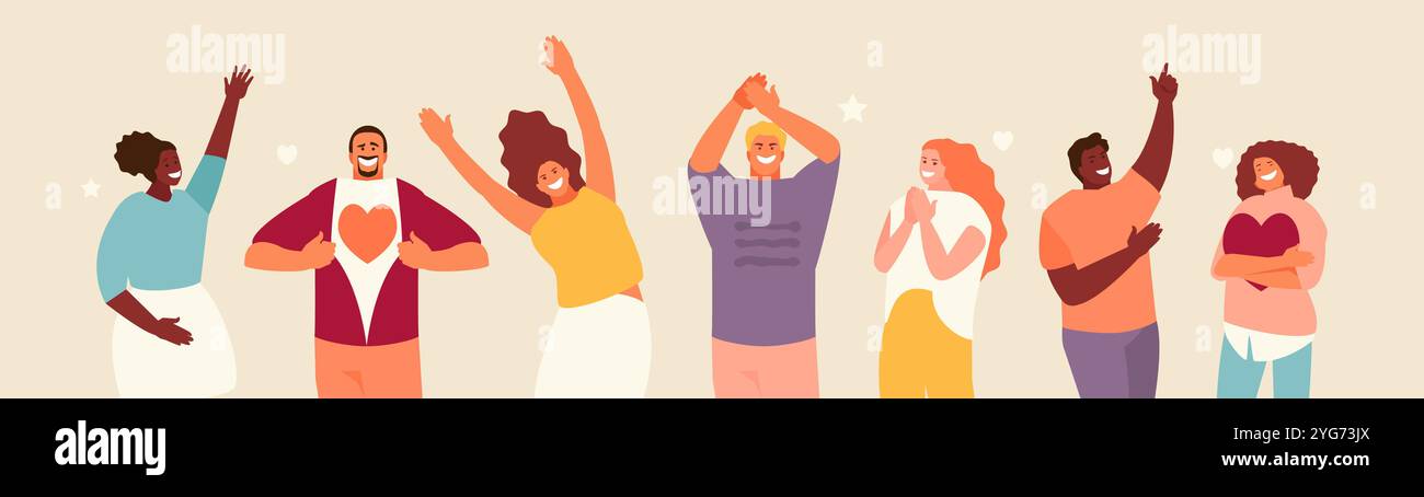 Positive people group expressing happiness and love. Vector characters ...