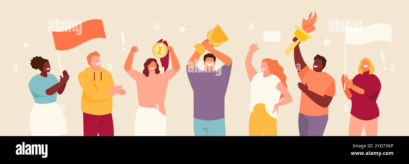 People group with symbols of the Olympics in their hands. Sports fans ...