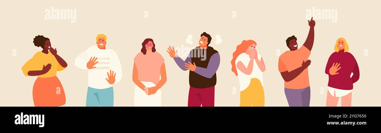 People group with different emotions. Surprise, fear, shame, anger ...