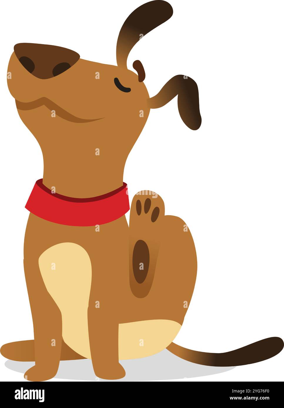 Happy brown dog with red collar scratching its back with paw in cartoon ...