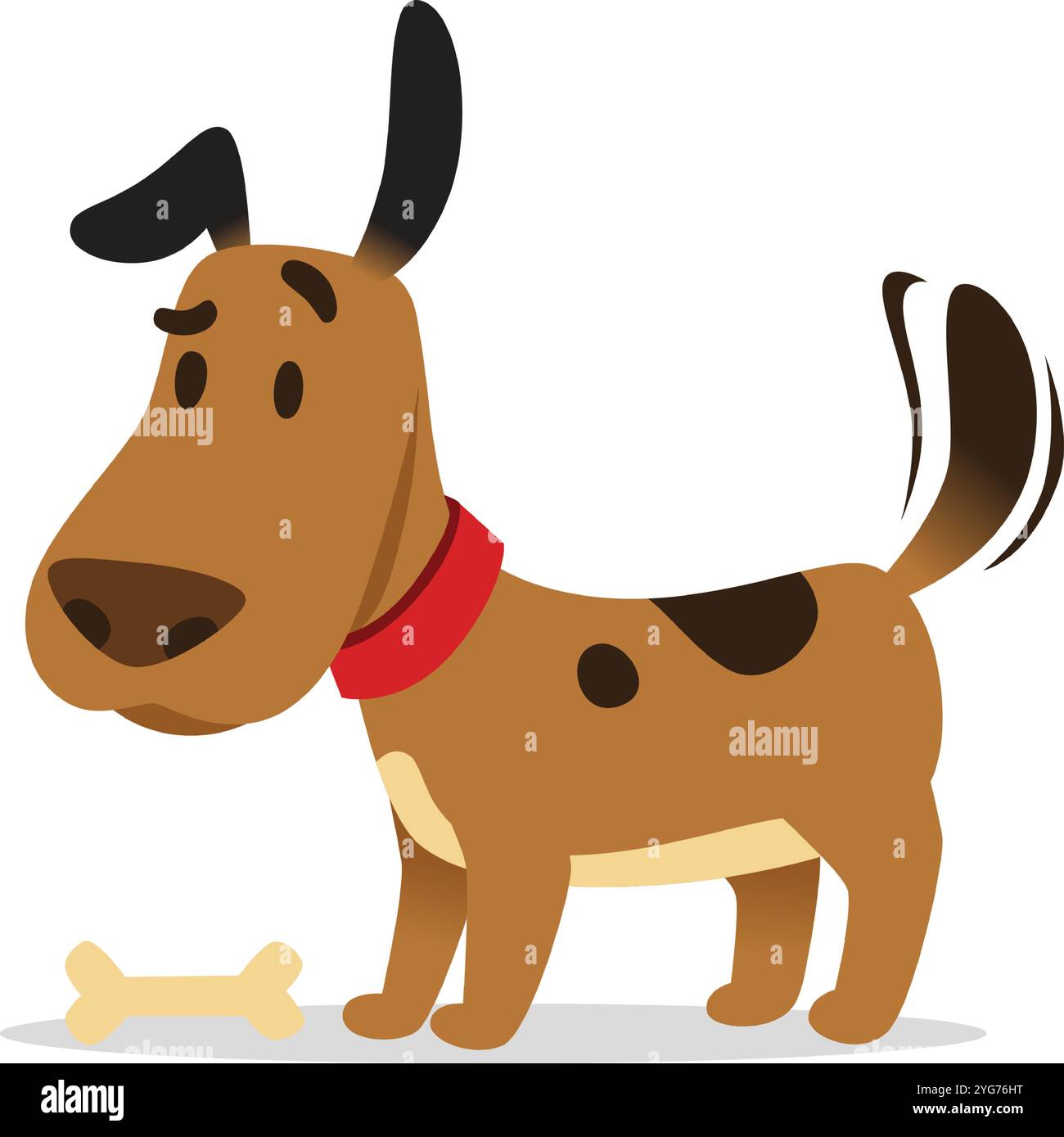 Happy cartoon dog with a red collar wags its tail next to a bone on a ...