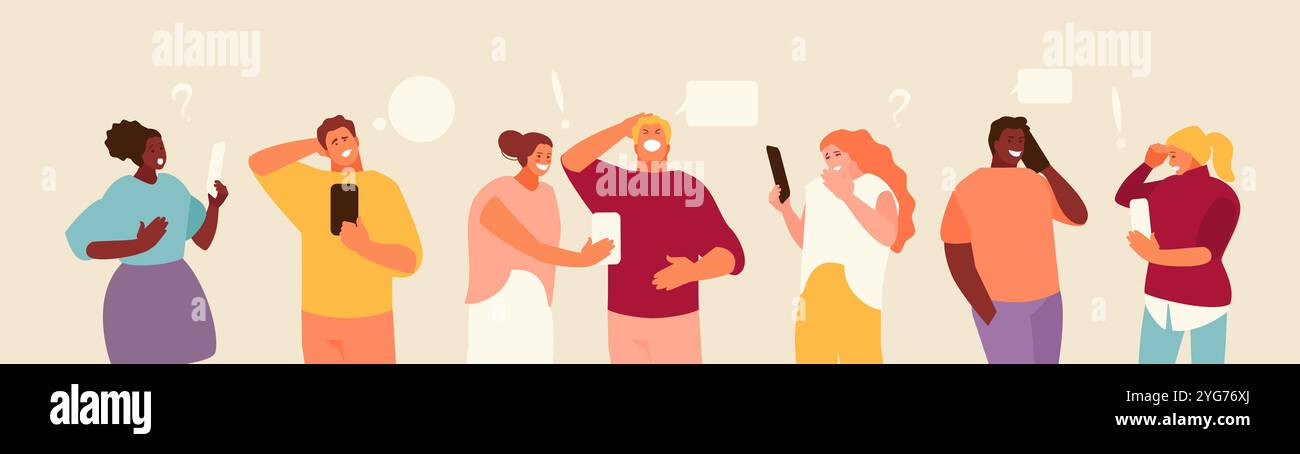 Group of people using smartphone and expressing different emotions ...