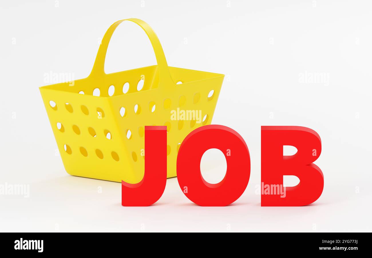 3d render red sign job with small cute basket and grey backgroundd ...