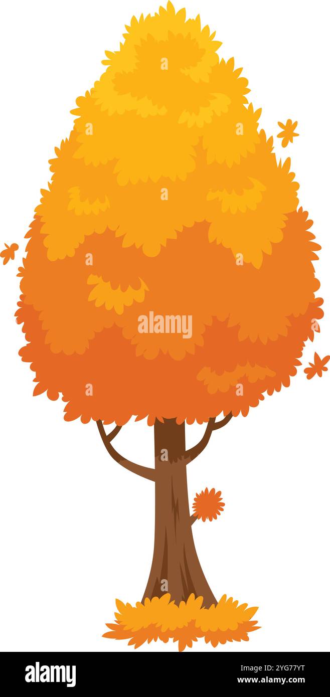 Stylized autumn tree with bright orange foliage and falling leaves ...