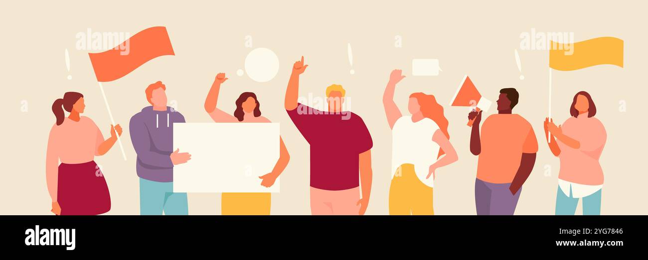 Group of protesting people with posters and banners. Strike and mass ...