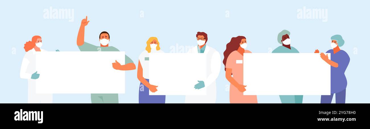 Doctors group with warning posters with space for text. Stop the ...