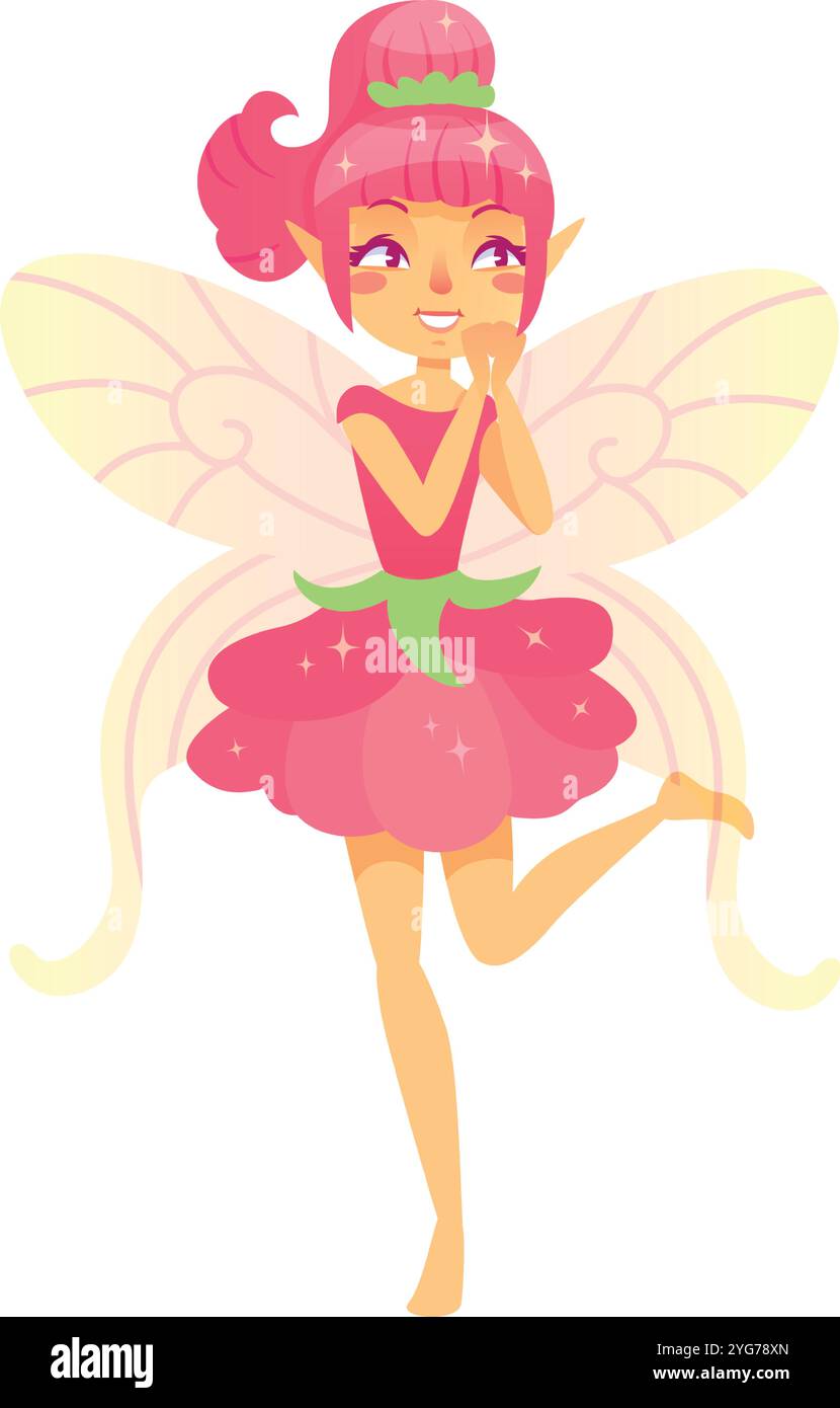 Cheerful fairy with pink hair, flower dress, and insect wings, clapping ...