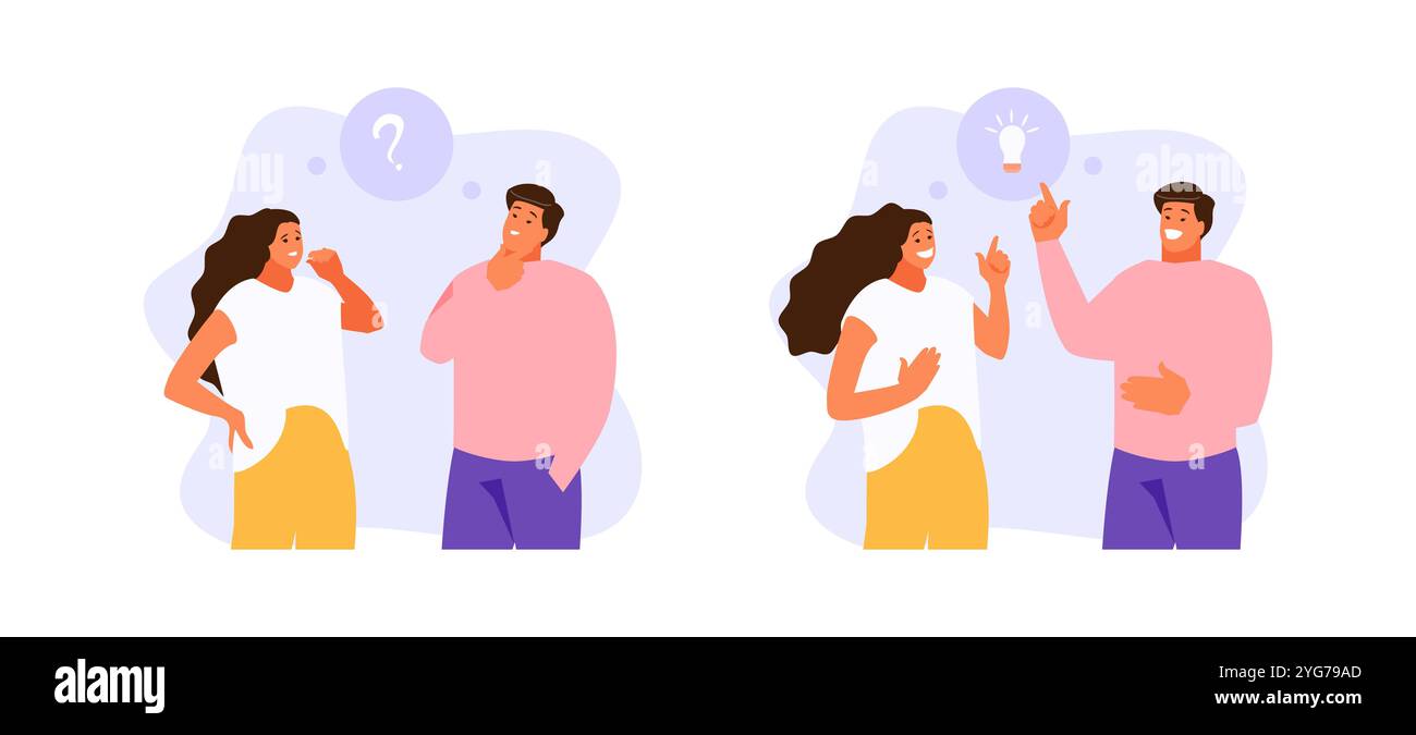 Man and woman thinking on the issue and find the idea. Vector ...
