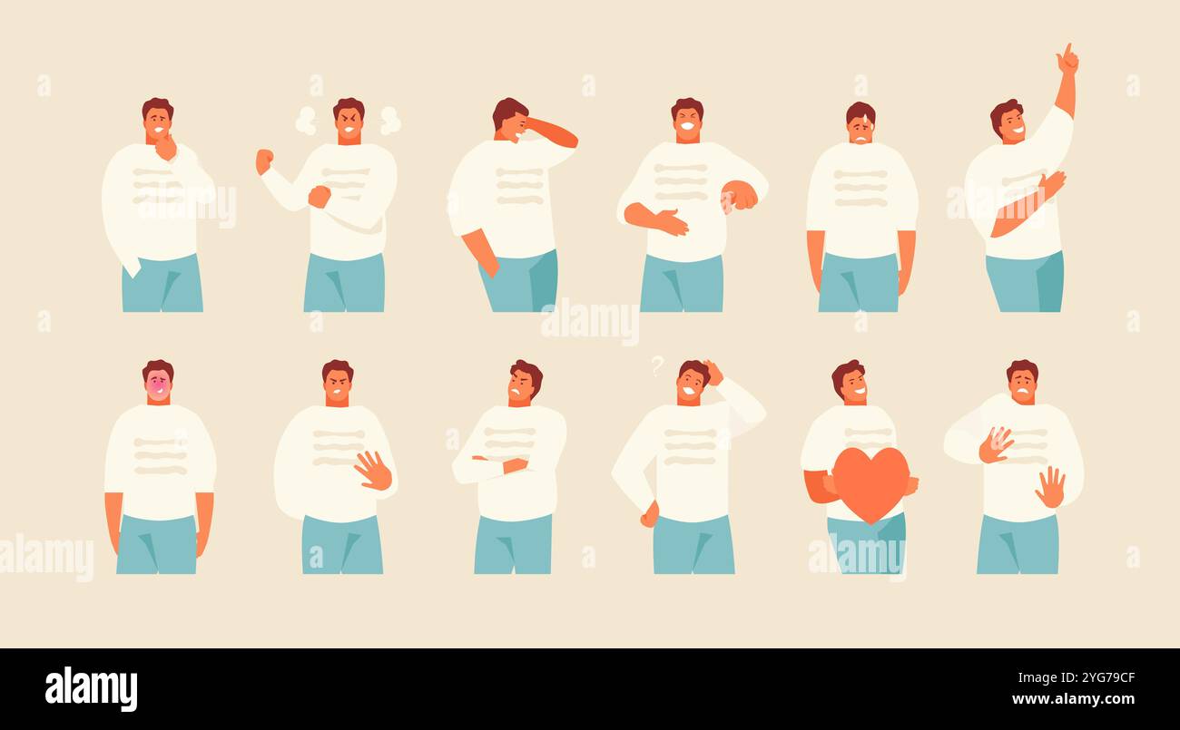 Set Male character with different emotions and gestures. Vector ...