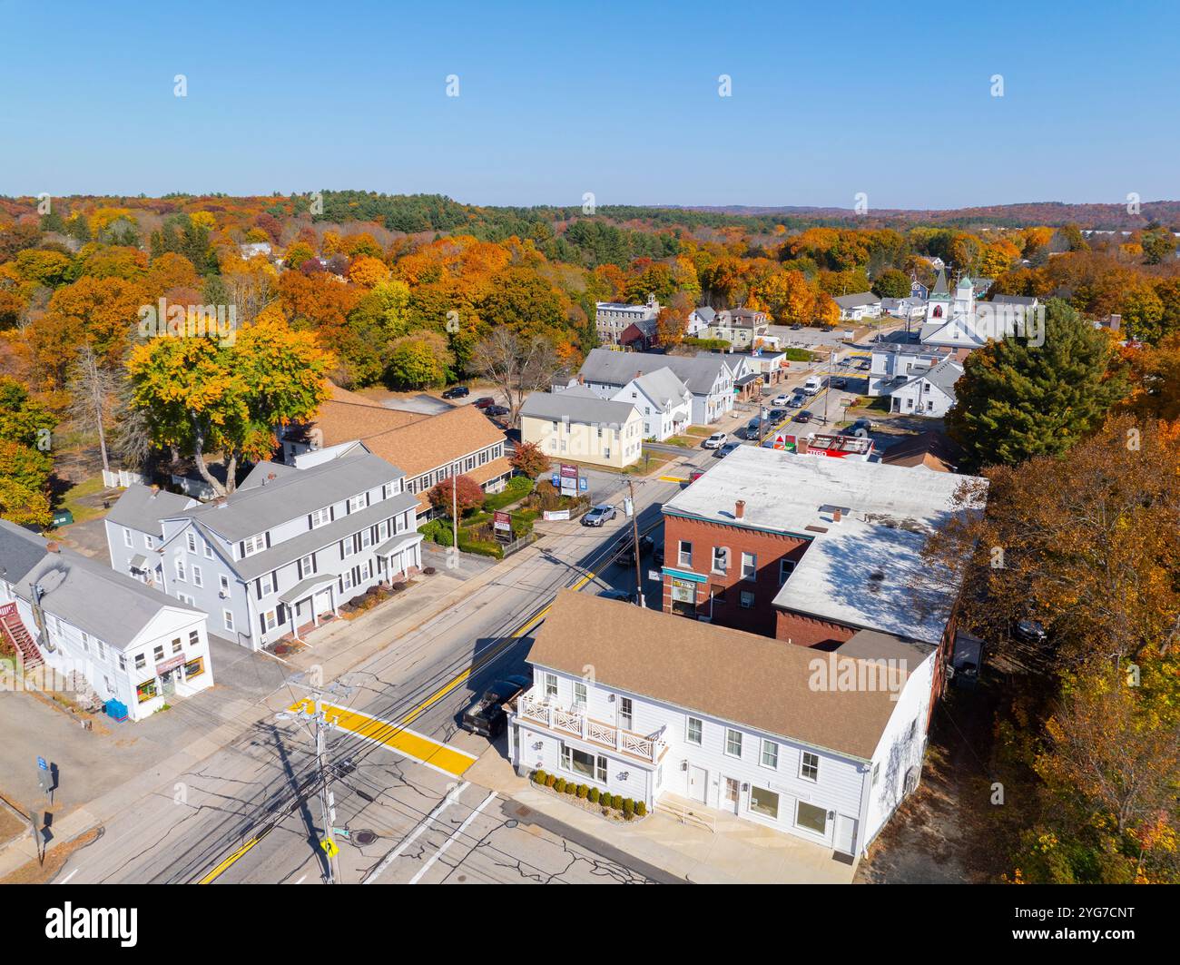East Douglas historic village center aerial view on Main Street in fall ...