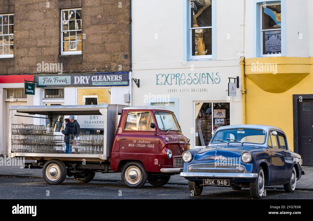 Vintage car and milk float in filming of 1970s movie Borges and Me ...