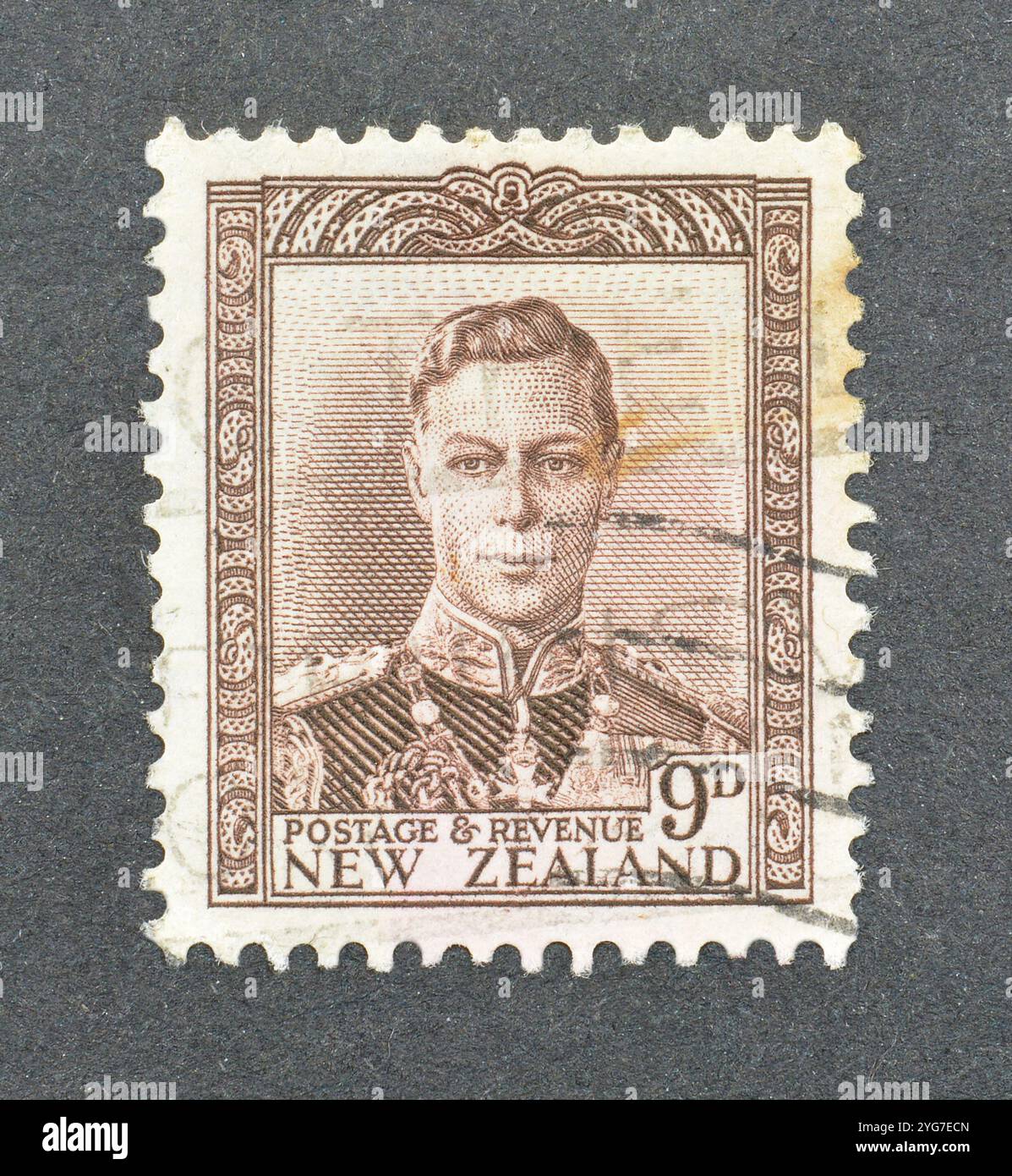Cancelled postage stamp printed by New Zealand, that shows King George ...