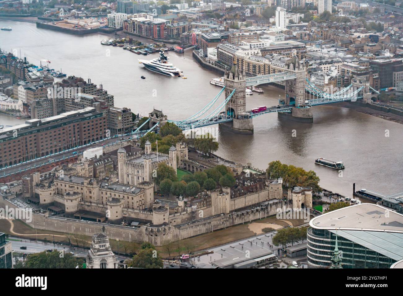 Aerial View of Tower Bridge, River Thames, and Tower of London on a ...