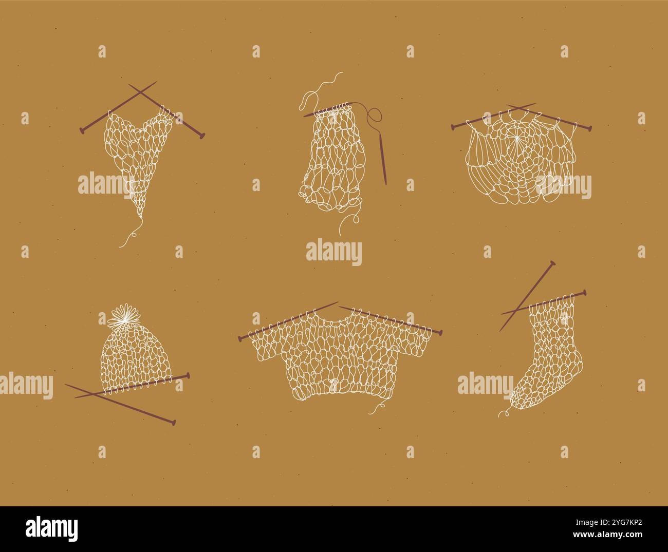 Knitting collection with needles, sweater, sock, hat, napkin, yarn ...