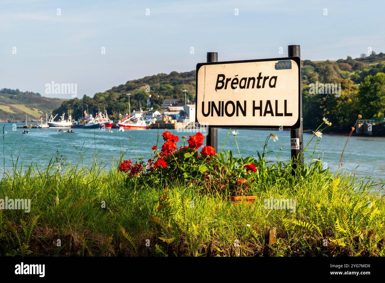 Sign in the fishing village of Union Hall, West Cork, Ireland Stock ...
