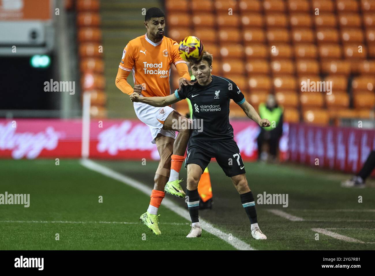 Blackpool, UK. 06th Nov, 2024. James Norris of Liverpool heads the ball ...