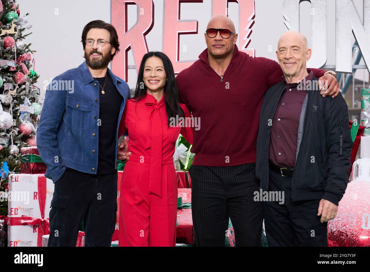 Chris Evans, from left, Lucy Liu, Dwayne Johnson, and J. K. Simmons ...
