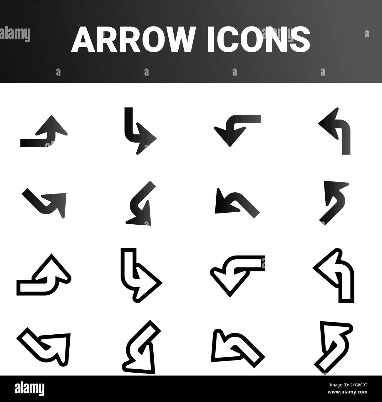 shows various arrow icons arranged in four rows and four columns. Each ...