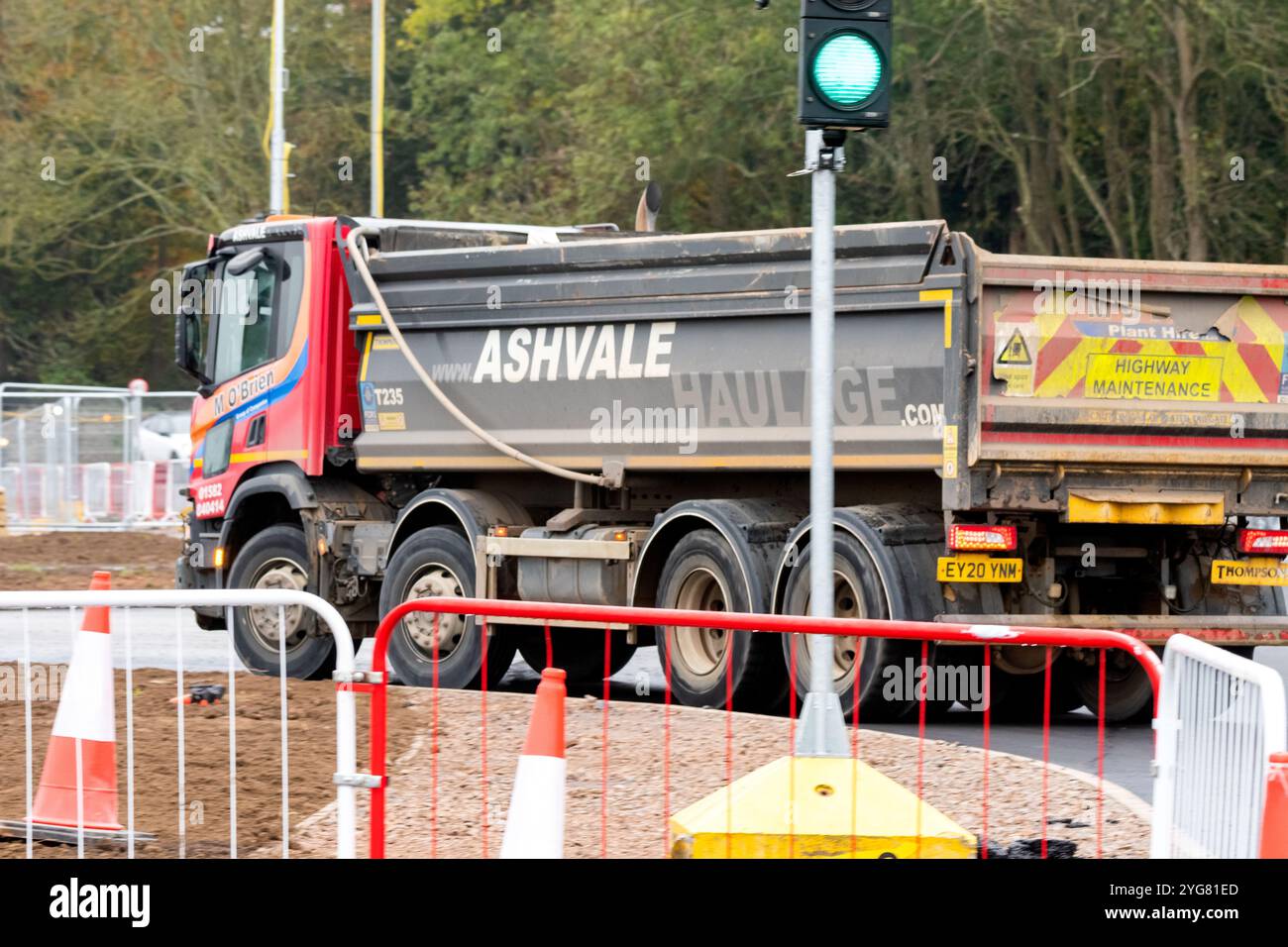 Aylesbury, UK. 6th Nov. 2024. HS2 contractors Scania truck exiting the ...
