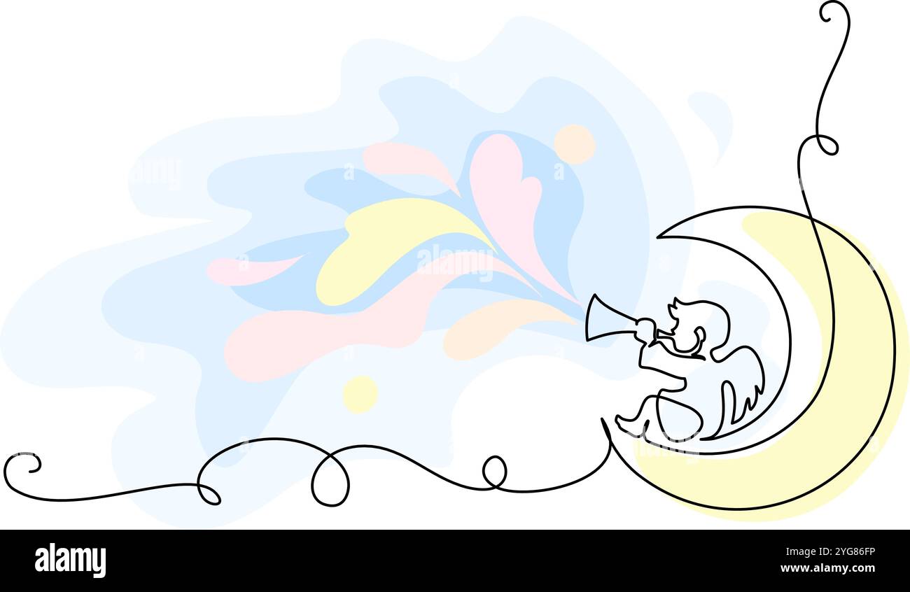 Christmas decoration. Little cute Angel with flute on Moon. Continuous ...