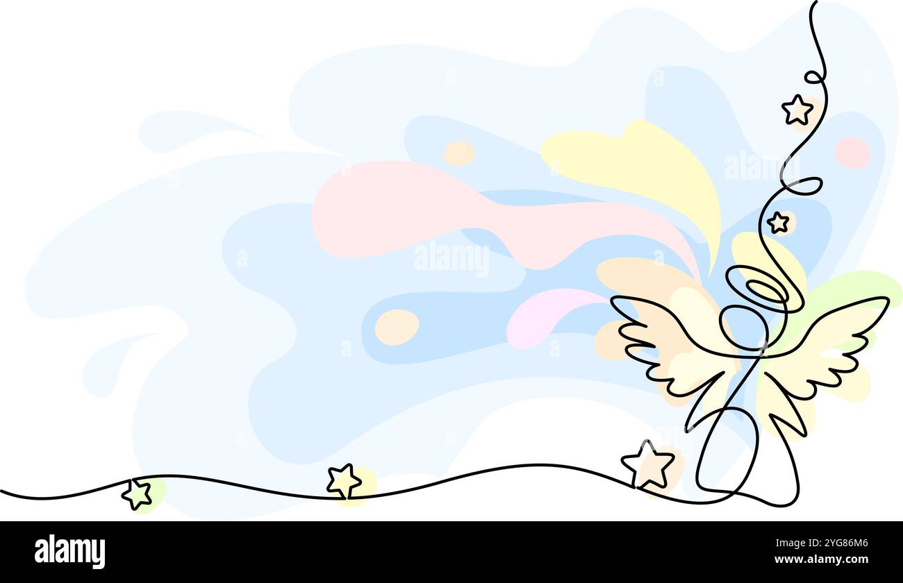 Christmas decoration. Angel and stars, Christmas angel. Continuous one ...