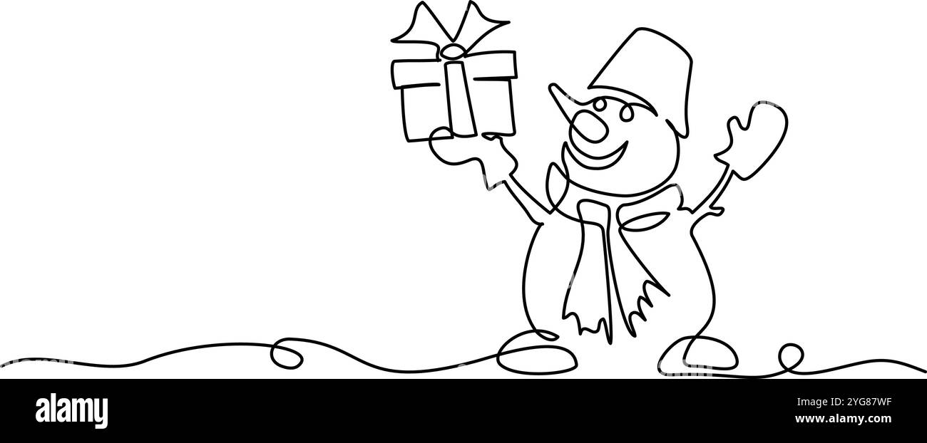 Snowman with with present box. Christmas decoration. Continuous one ...