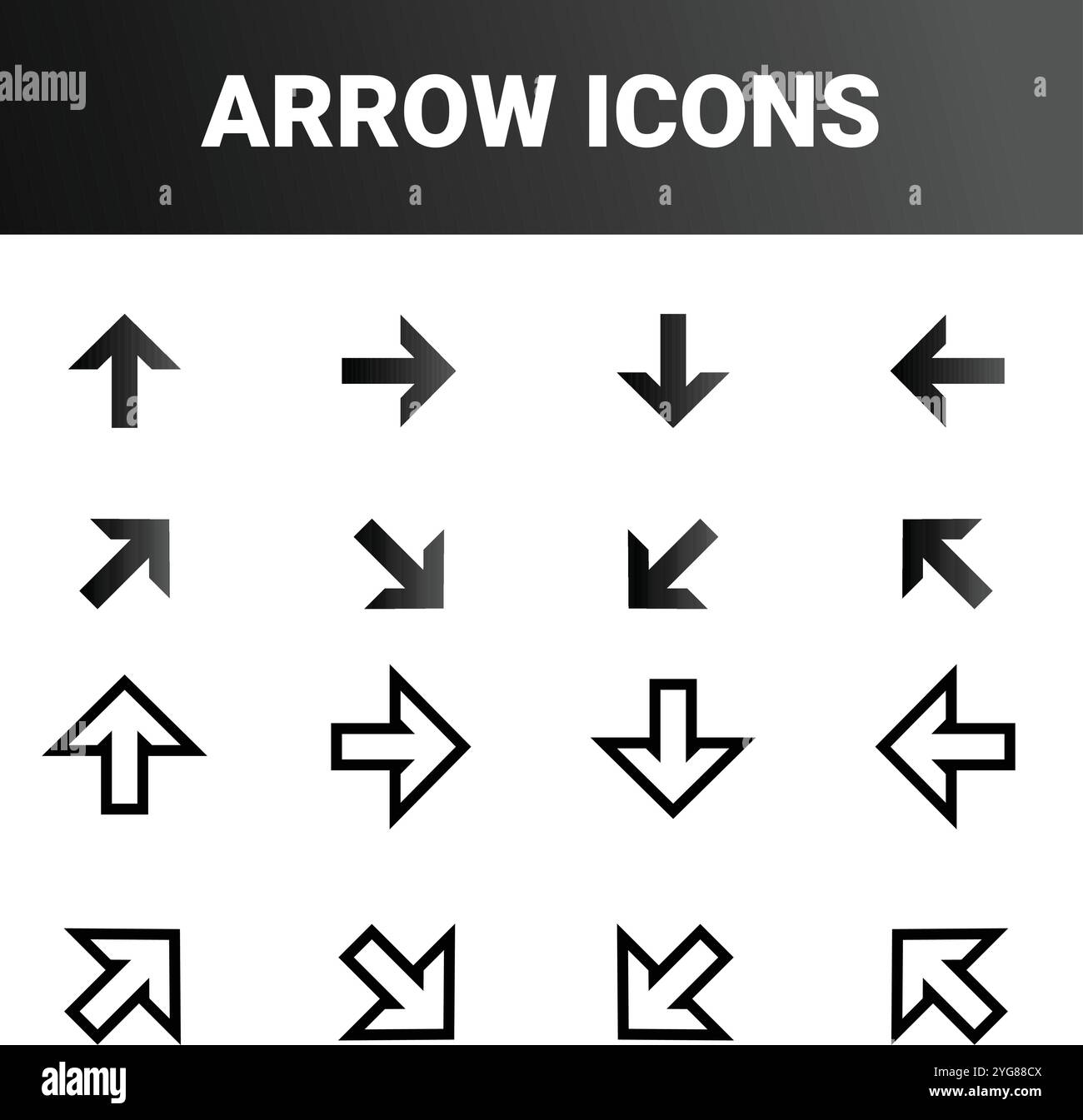 shows various arrow icons arranged in four rows and four columns. Each ...