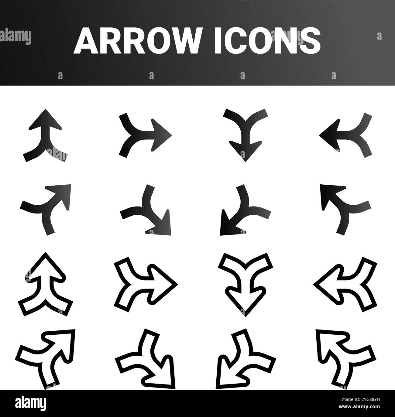 shows various arrow icons arranged in four rows and four columns. Each ...