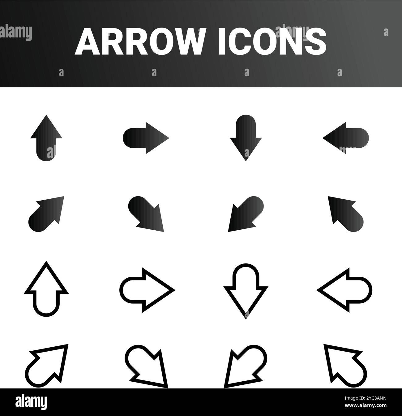 shows various arrow icons arranged in four rows and four columns. Each ...