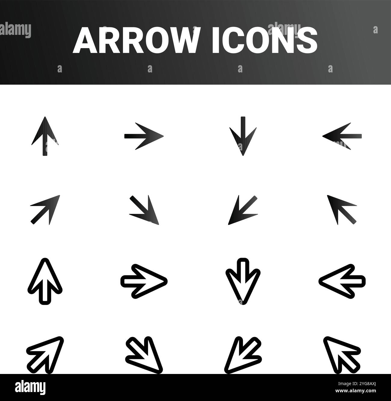 shows various arrow icons arranged in four rows and four columns. Each ...
