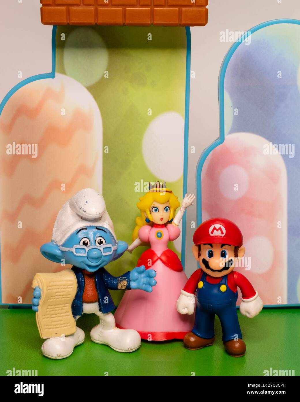 Diverse group of movie and game characters on colorful super mario ...