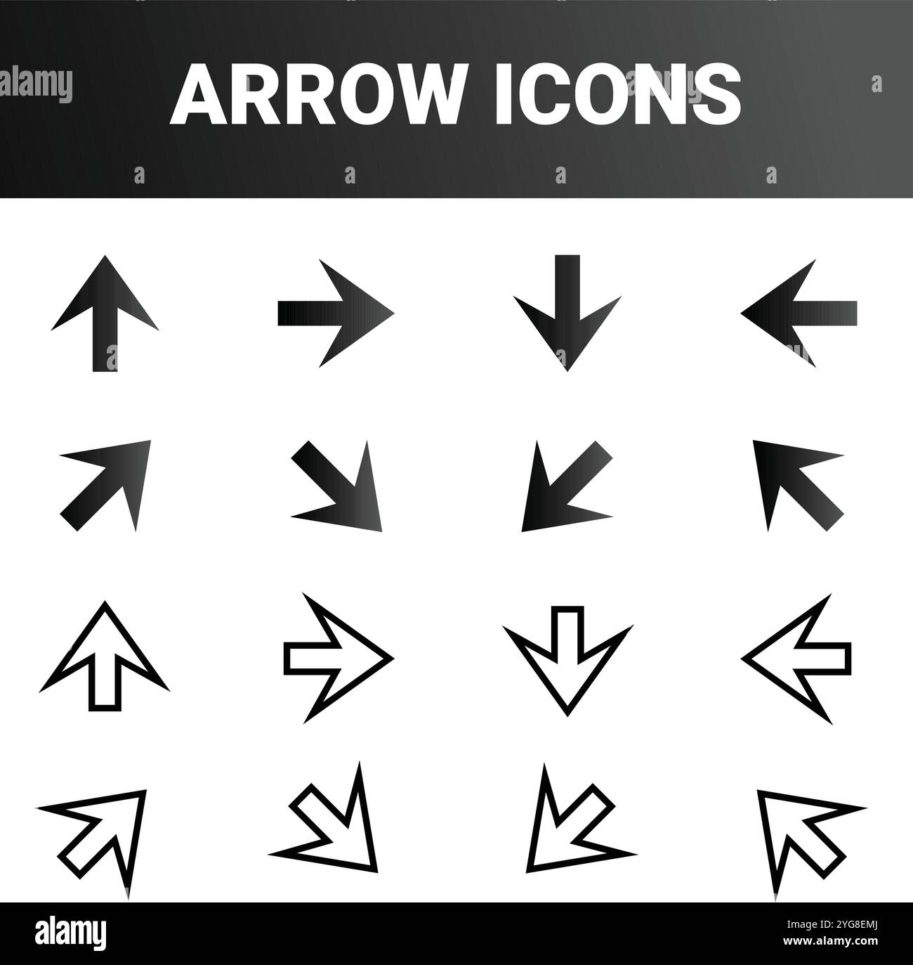 shows various arrow icons arranged in four rows and four columns. Each ...