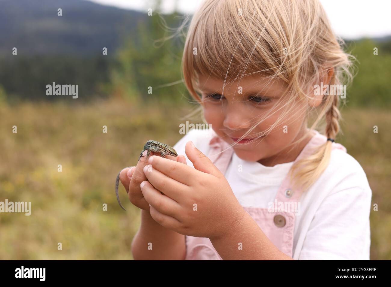 Happy little girl holding small lizard outdoors Stock Photo - Alamy
