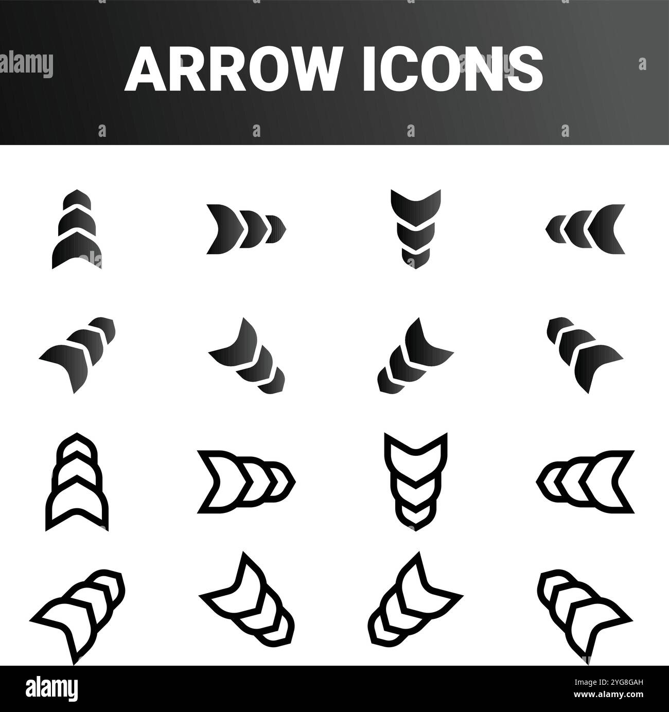 shows various arrow icons arranged in four rows and four columns. Each ...
