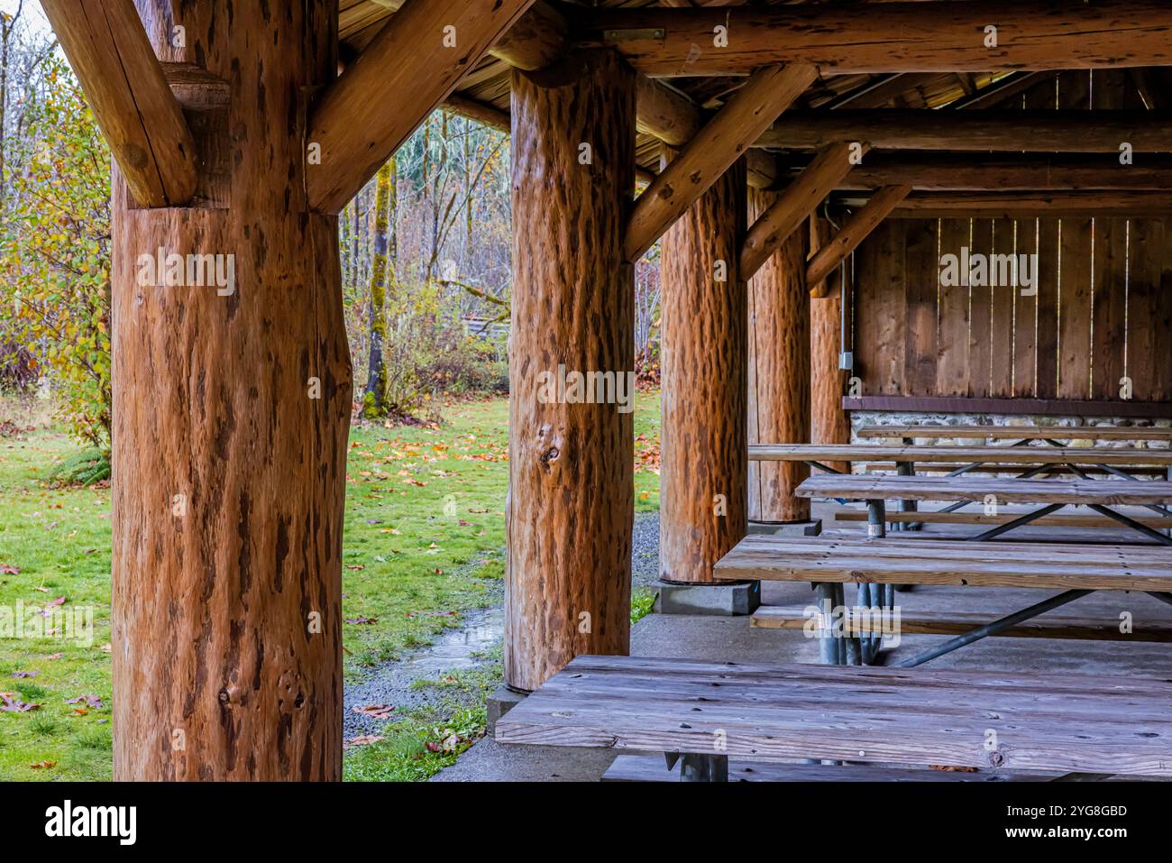 Rustic picnic shelter with heavy timber beams built in the 1950s in ...